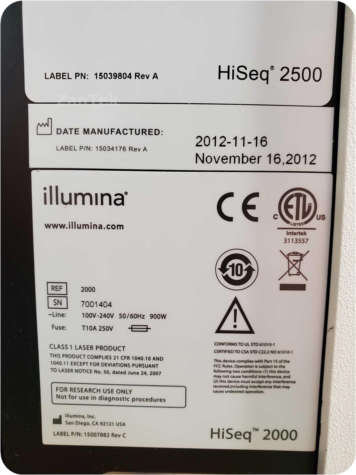 Zantek Medical - 286779-Illumina HiSeq 2500 Sequencing System